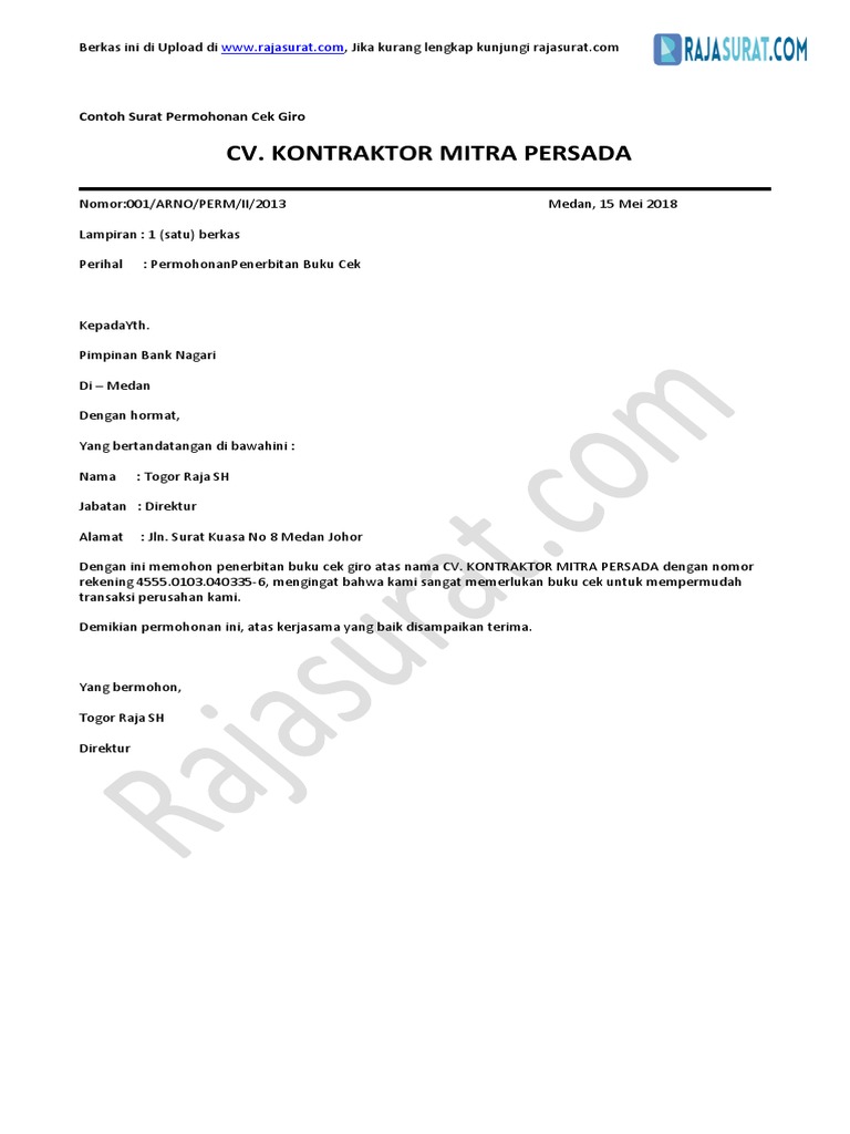Contoh Surat Permohonan Giro Cek Rekening Bank1 | PDF