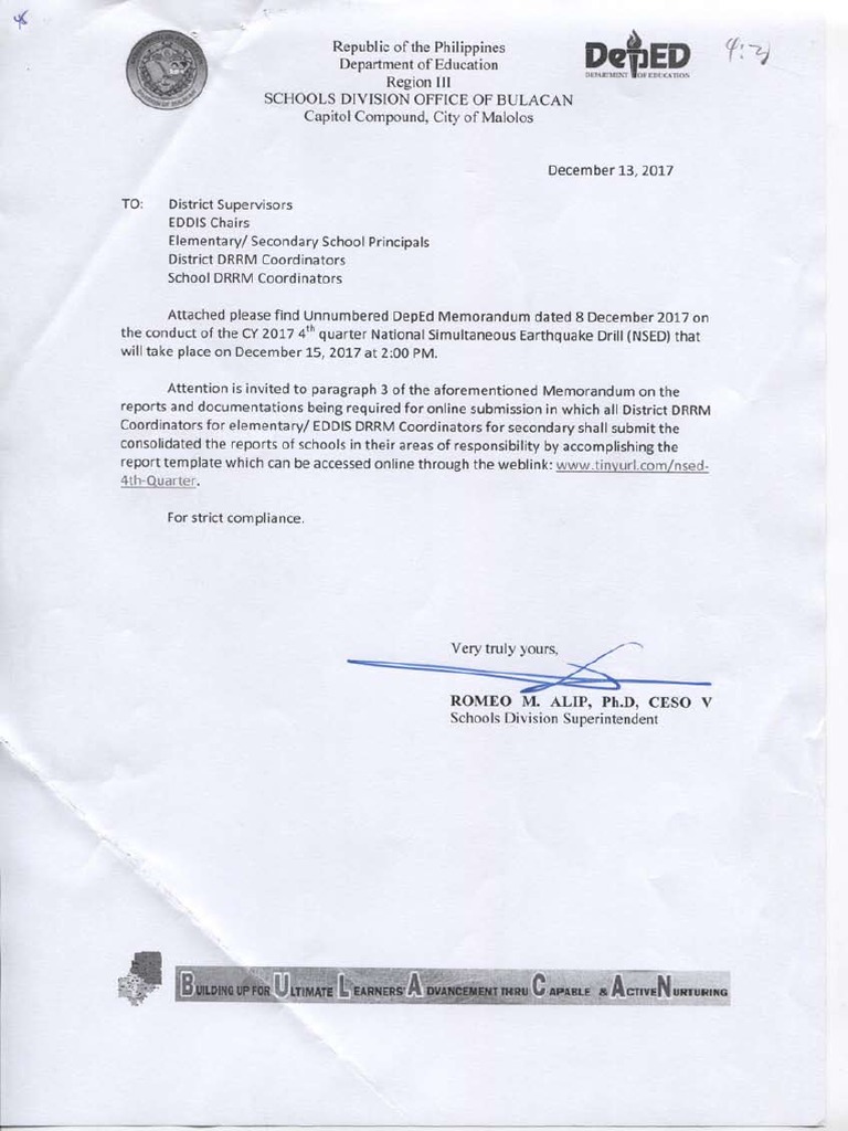 4th Quarter National Simultaneous Earthquake Drill (NSED) | PDF