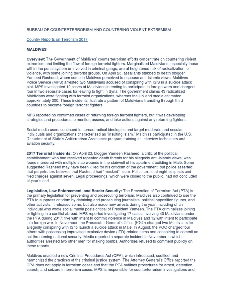 Country Reports On Terrorism 2017: Maldives Overview | PDF | Counter ...