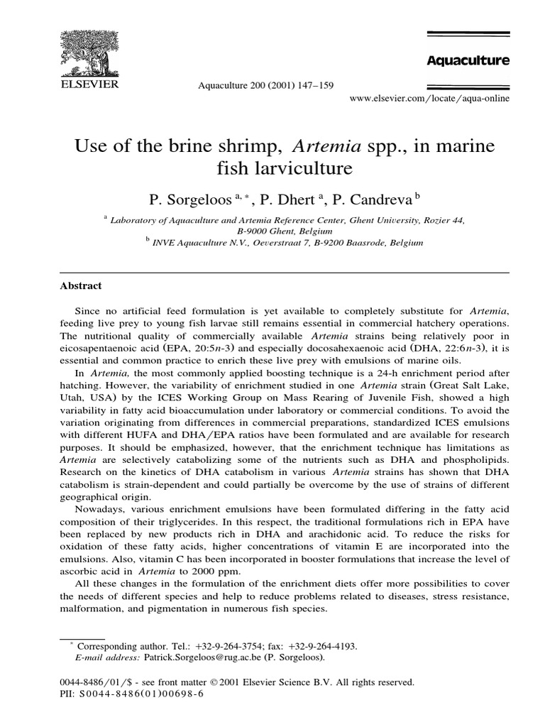 Use of The Brine Shrimp, Artemia SPP., in Marine Fish Larviculture PDF ...