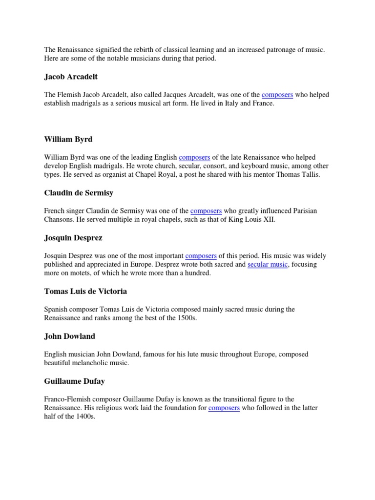 Notable Musicians of the Renaissance: Composers Who Advanced Sacred and ...