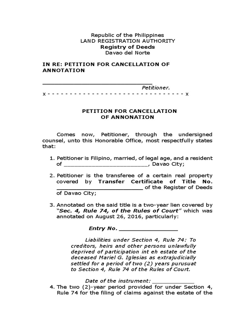 In Re: Petition For Cancellation of Annotation | PDF | Affidavit ...