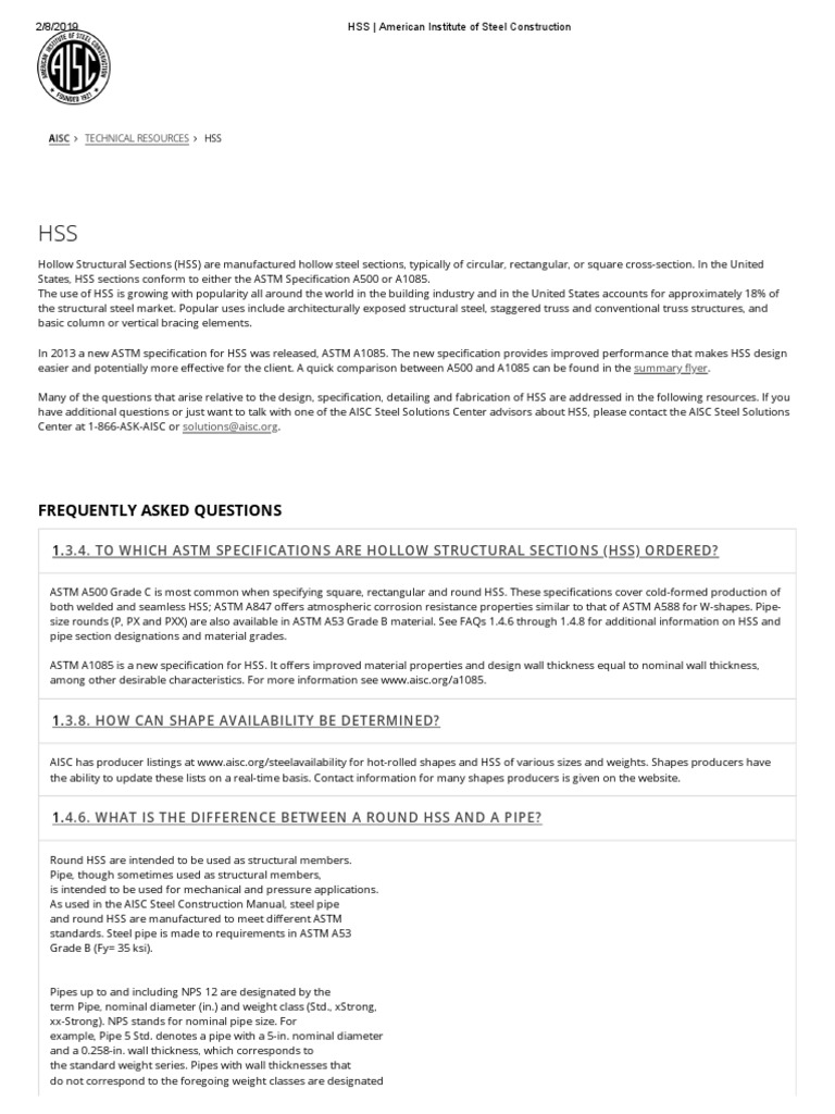 HSS - American Institute of Steel Construction | PDF | Pipe (Fluid ...
