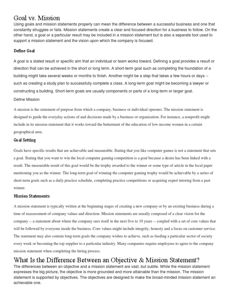 Goal vs. Mission Statements: Understanding the Difference | PDF | Goal ...