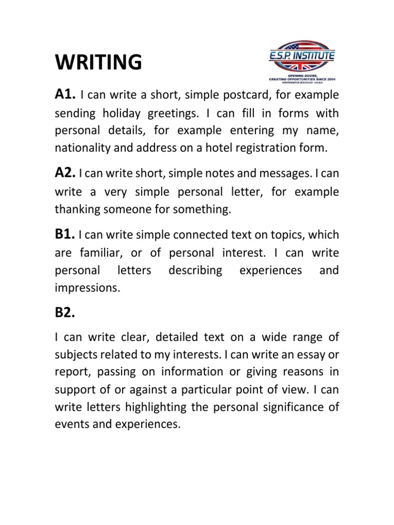 Ceflevels - Writing A1, A2, B1, B2 | PDF