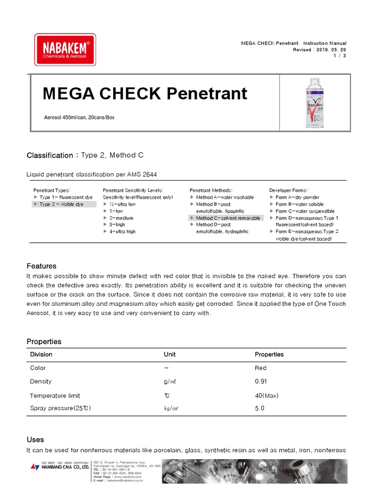 MEGA CHECK Penetrant: Classification: Type 2, Method C | PDF | Physical ...