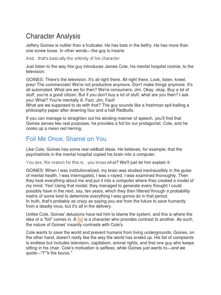 Character Analysis: Foil Me Once, Shame On You | PDF | Self-Improvement