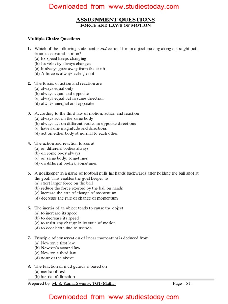 CBSE Class 9 Physics Worksheet - Force and Laws of Motion | PDF | Force ...