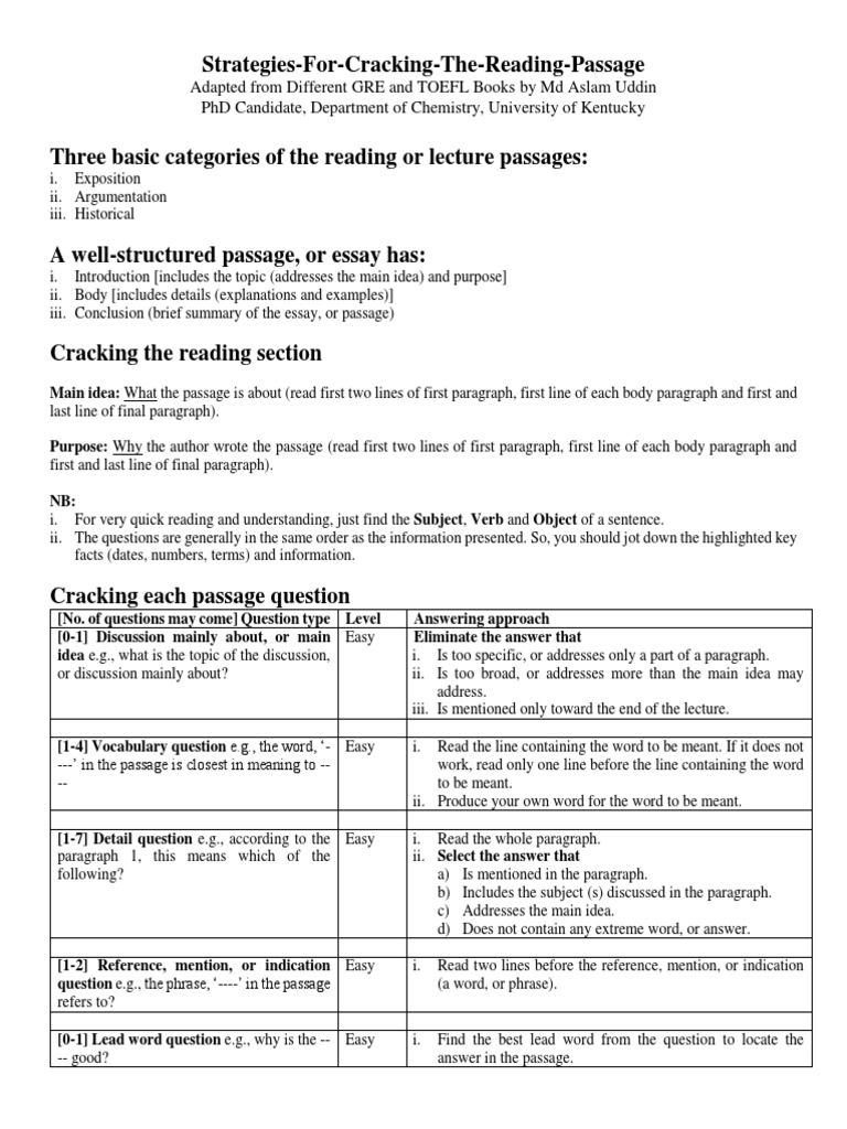 Strategies for Reading Passage Success | PDF | Question | Paragraph