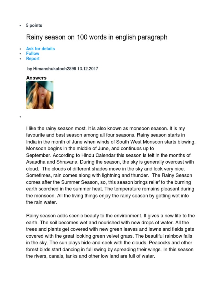 Rainy Season On 100 Words in English Paragraph: Answers | PDF | Monsoon ...