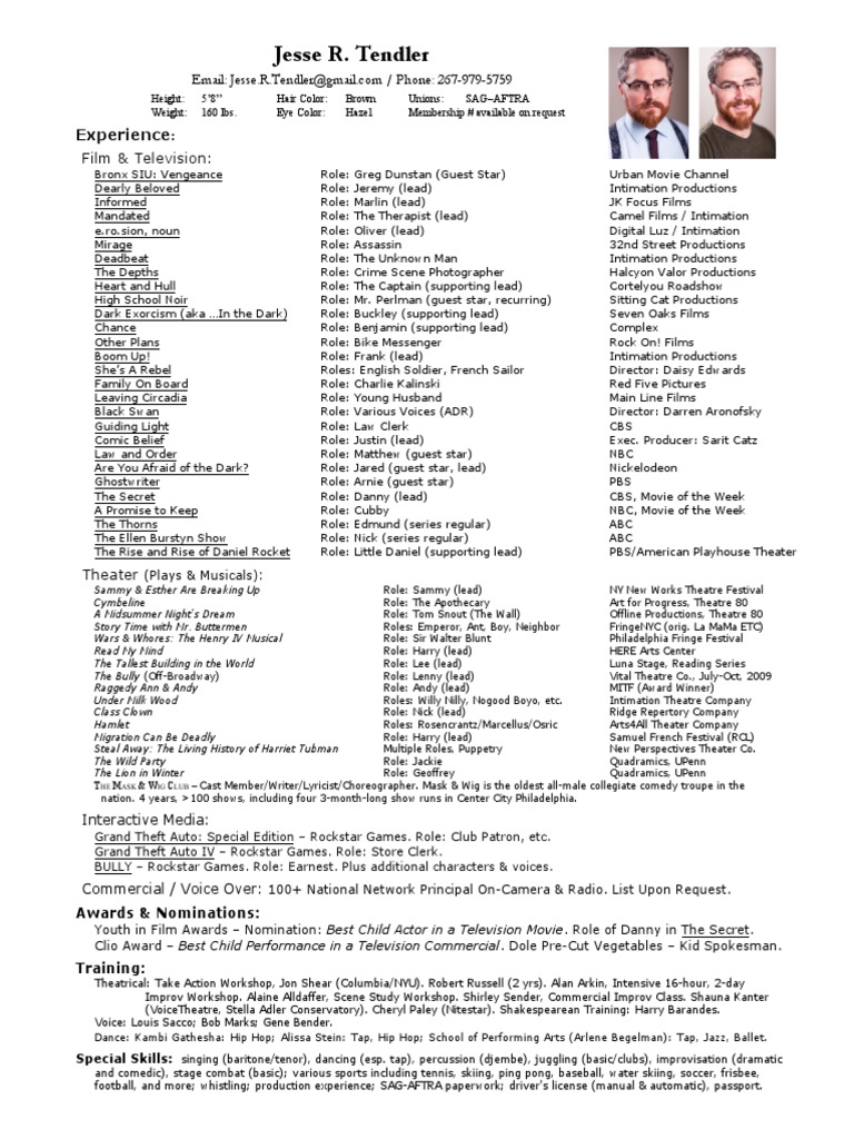 Jesse R. Tendler Acting Resume | PDF | Performing Arts | Entertainment