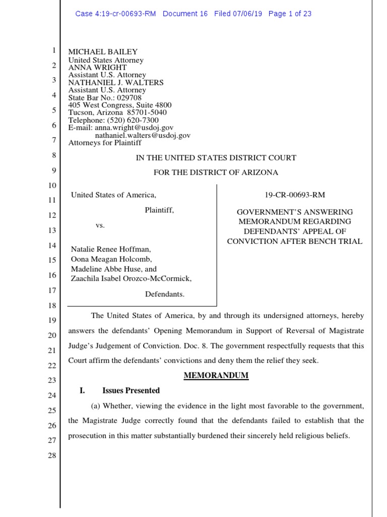 Government's Answering Memorandum Regarding Defendants' Appeal of ...