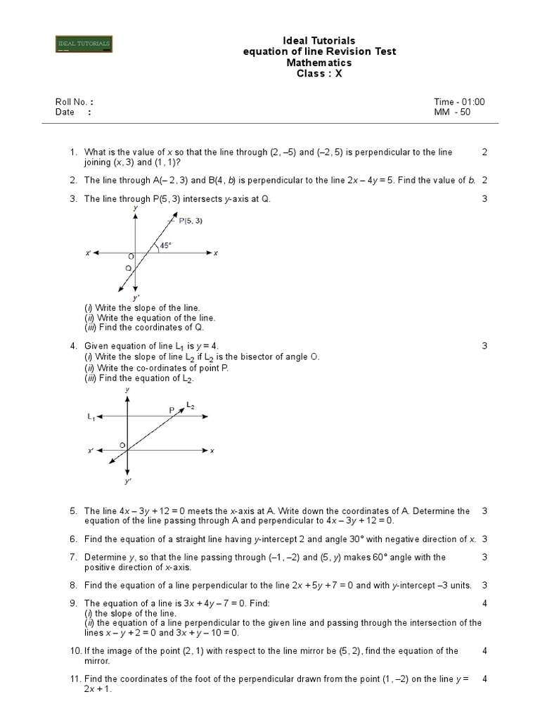 Ideal Tutorials Equation of Line Revision Test Mathematics Class: X ...
