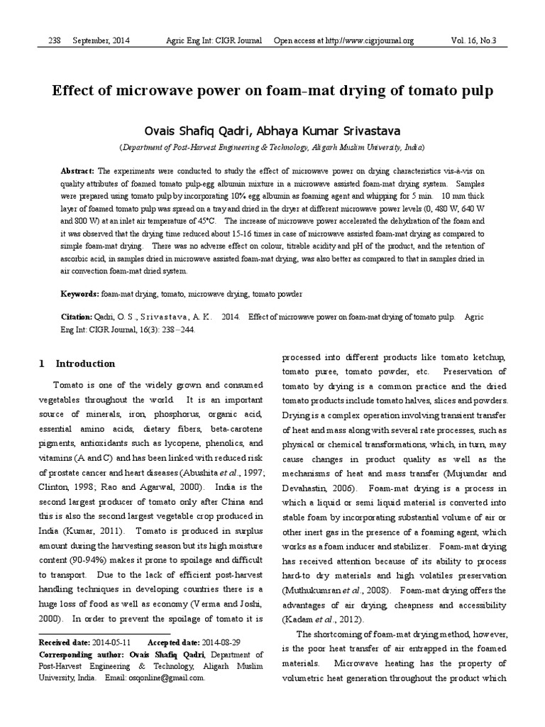 Foam Mat Drying of Tomato | PDF | Heat Transfer | Heat