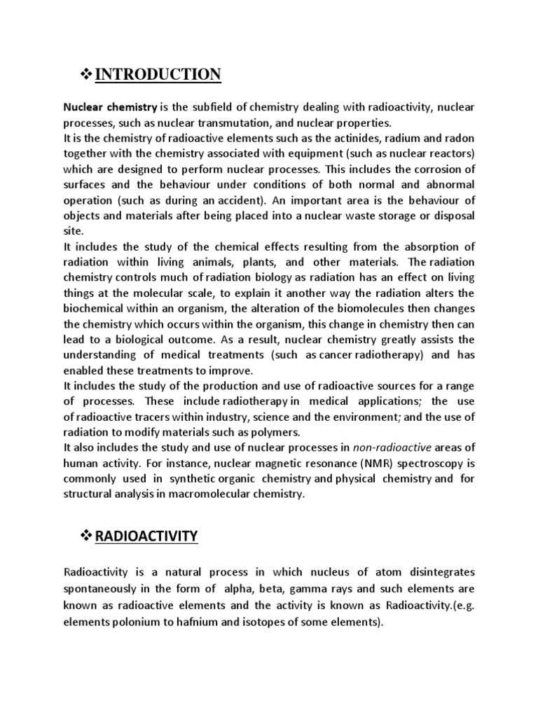 Introduction: Nuclear Chemistry Is The Subfield of Chemistry Dealing ...