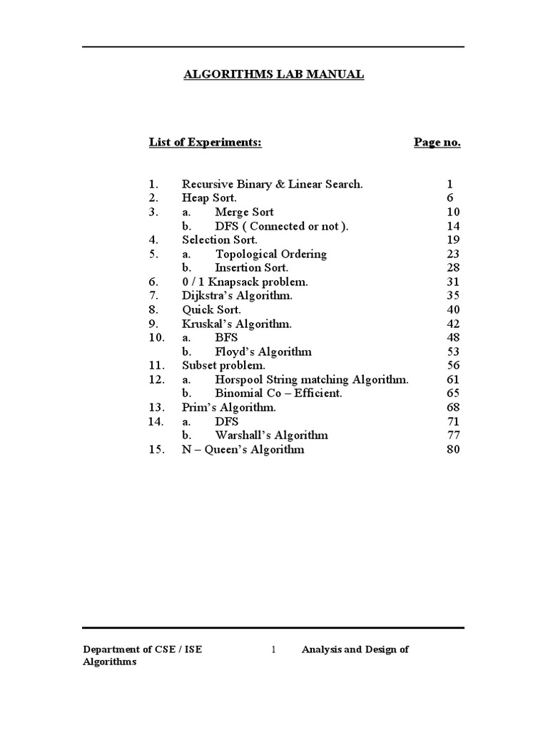 Algorithms Lab Manual: Department of CSE / ISE Analysis and Design of ...
