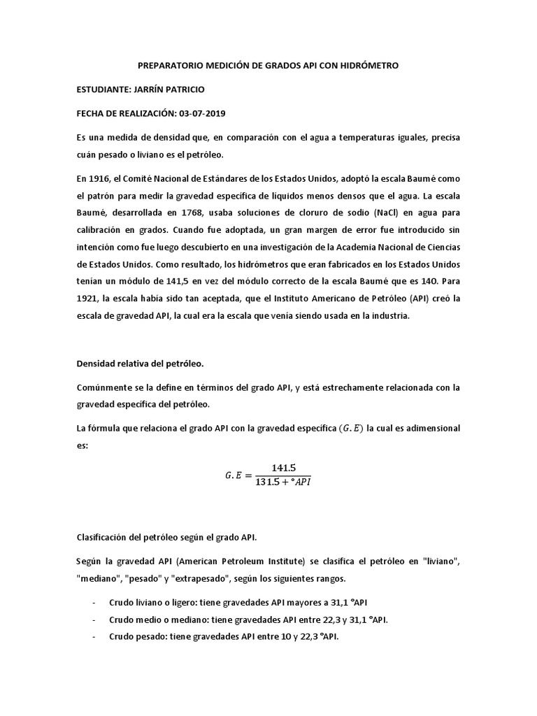 Preparatorio Medición de Grados API Con Hidrómetro | PDF | Volumen ...