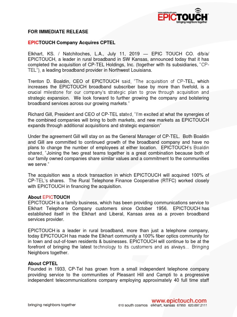 EPICTOUCH Press Release CPTEL Acquisition 7112019 | PDF | Mergers And ...