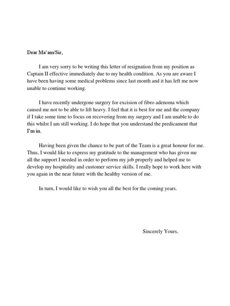 Sample of Resignation Letter Due To Health Issues | PDF