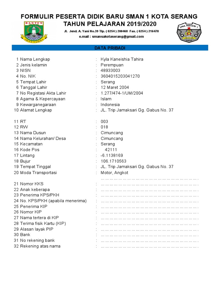 Formulir Siswa Baru Sesuai Dengan Dapodik | PDF