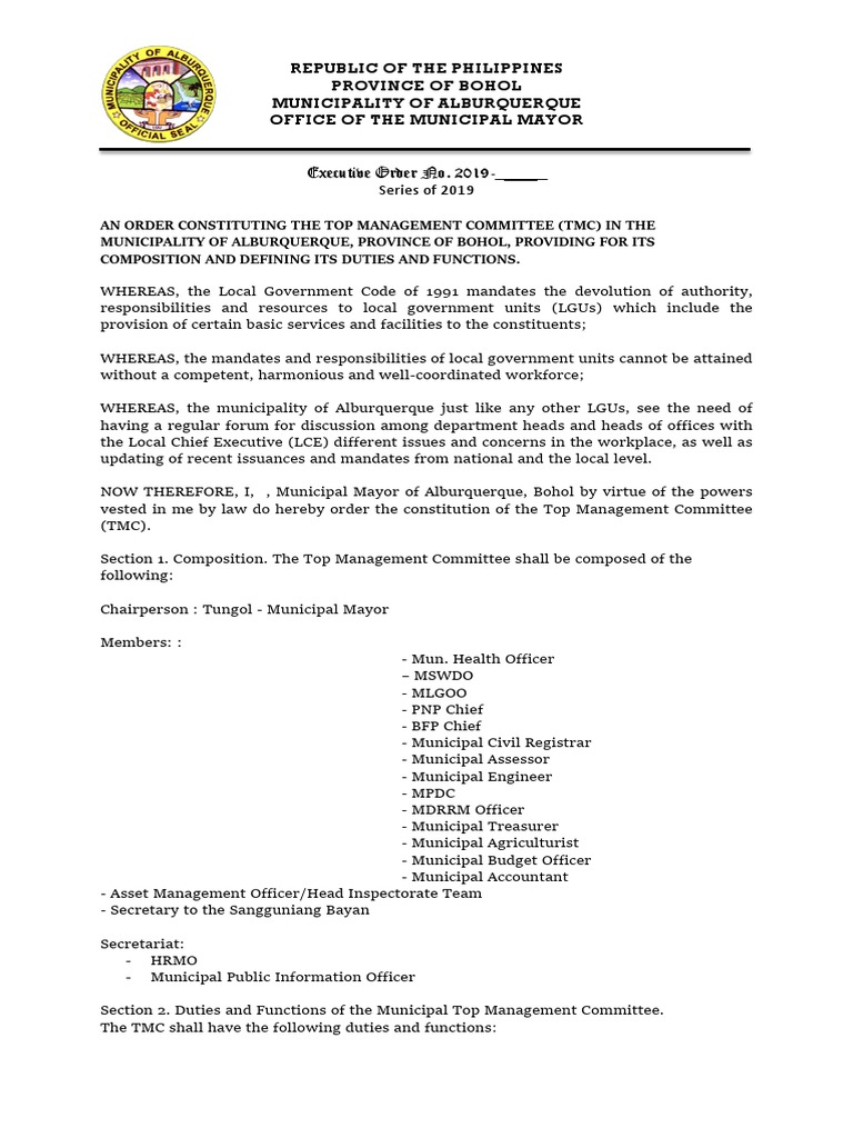 Executive Order No. 2019 - Series of 2019 | PDF | Secretary | Local ...
