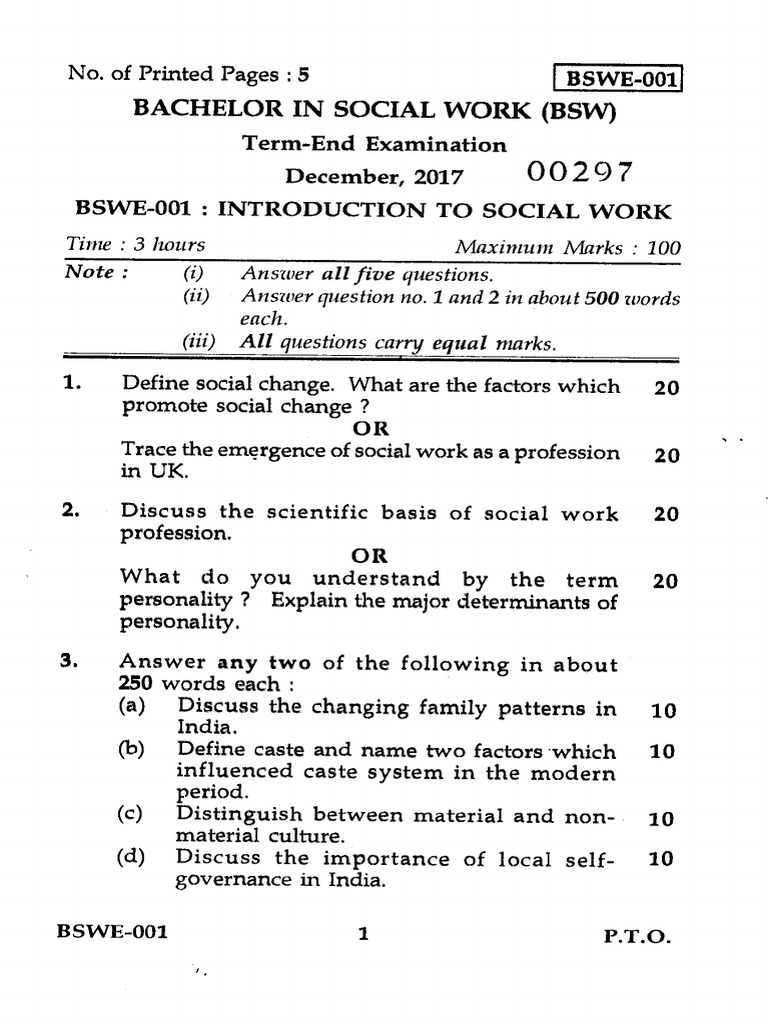 Bachelor in Social Work (BSW) : Term-End Examination December, 2017 ... Bachelor in Social Work (BSW) : Term-End Examination December, 2017 ...