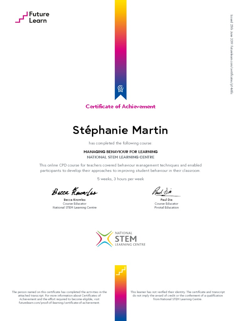 Behaviour Management Course Certificate | PDF | Behavior | Learning