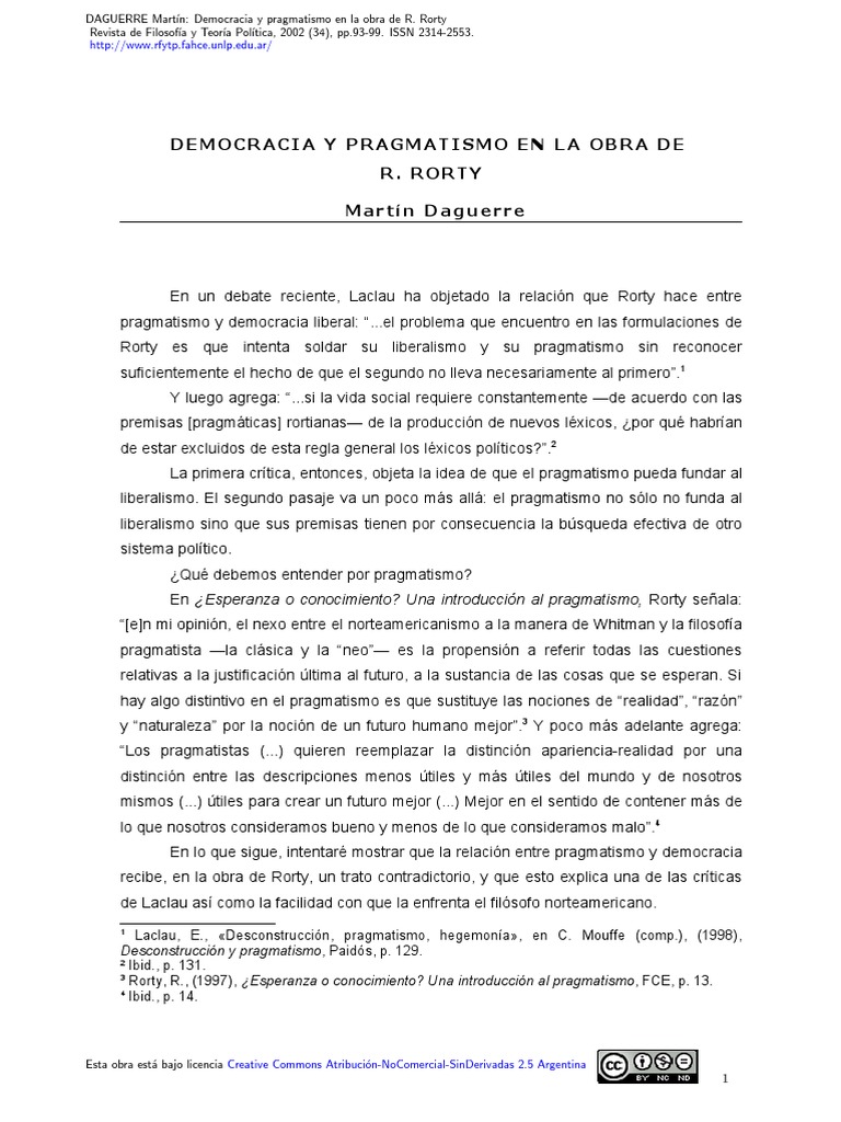 Democracia y Pragmatismo en La Obra de R. Rorty | PDF | Richard Rorty ...