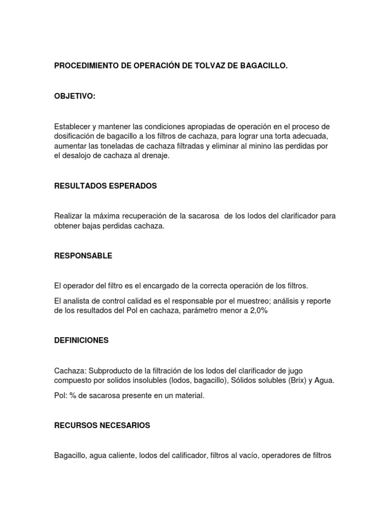 Procedimiento de Operación de Tolvaz de Bagacillo | PDF | Naturaleza