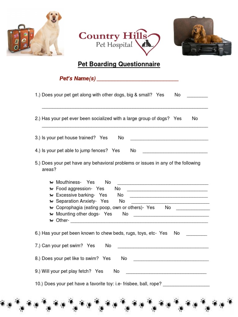 Pet Boarding Questionnaire | PDF | Pet | Dogs
