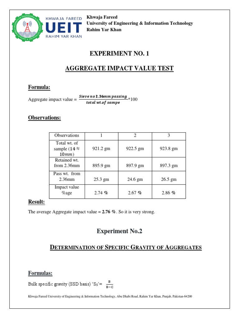 Experiment No. 1 Aggregate Impact Value Test: Formula | PDF | Density ...