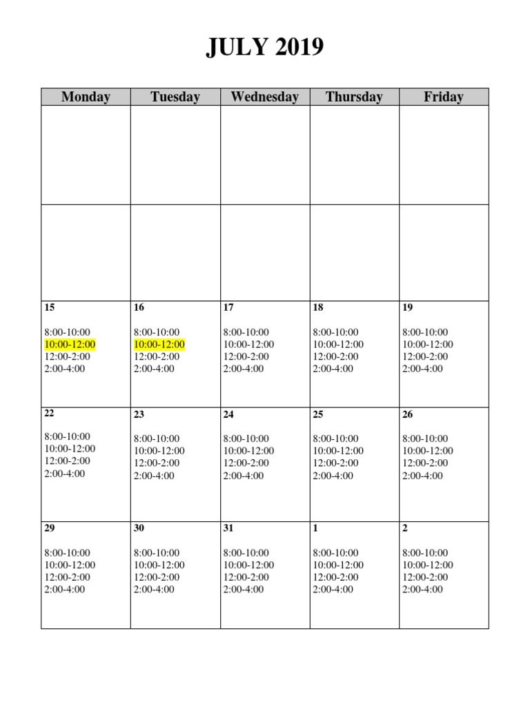 July 2019 Weekly Schedule | PDF | Cooking, Food & Wine | Home & Garden