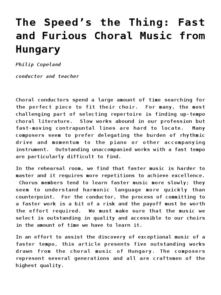 The Speed's The Thing: Fast and Furious Choral Music From Hungary | PDF ...