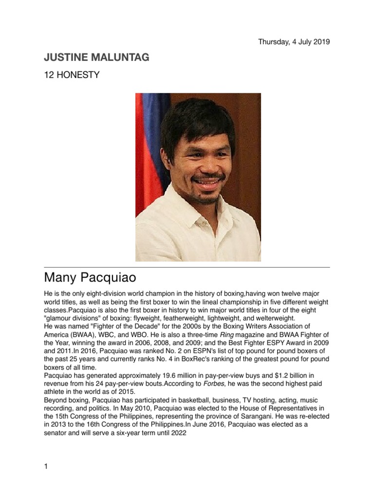 Many Pacquiao: Justine Maluntag | PDF | Politics | Sports & Recreation