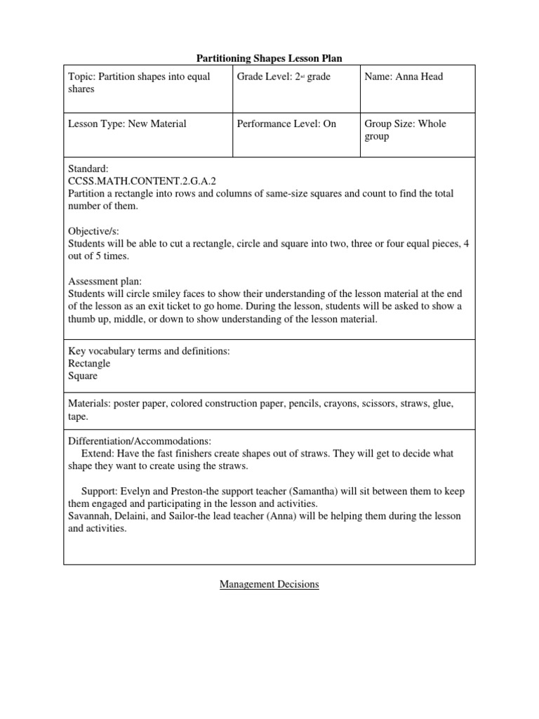 Partitioning Shapes Lesson Plan | PDF | Shape | Applied Psychology