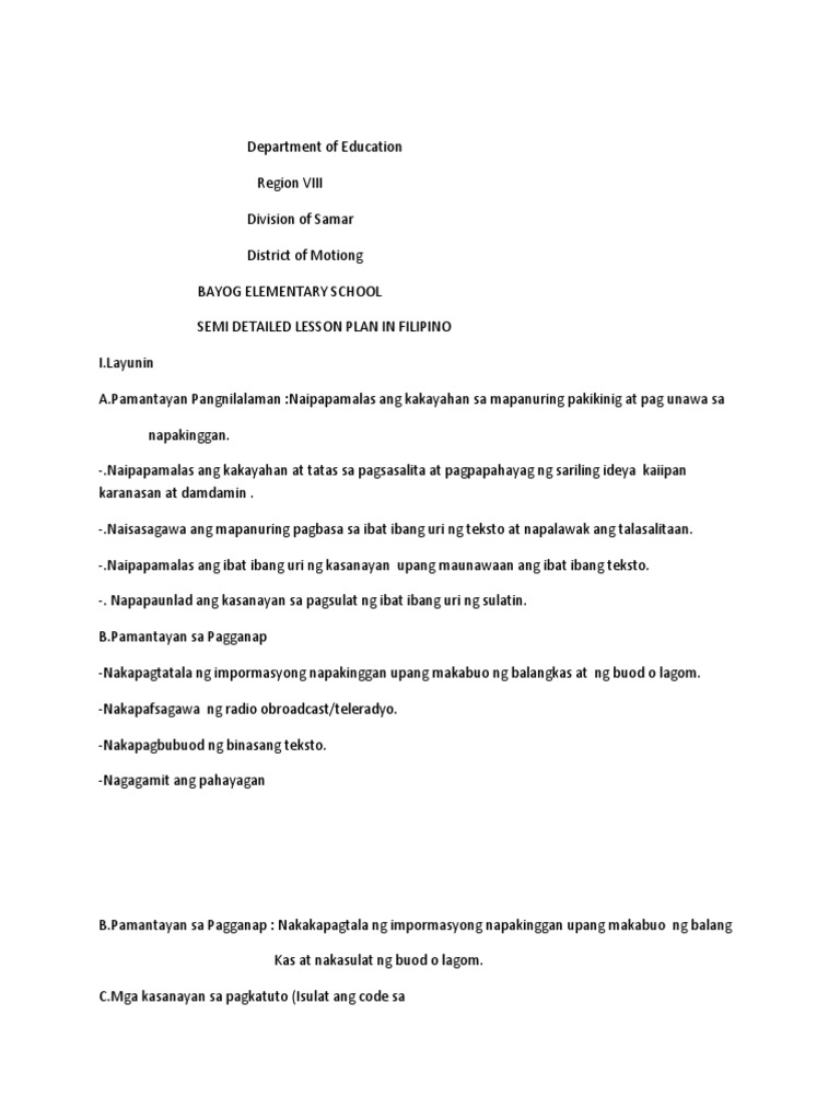 Semi Detailed Lesson Plan in Filipino | PDF