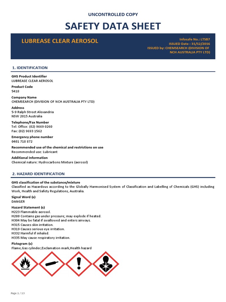 Ltsb7-Lubrease Clear Aerosol | PDF | Toxicity | Chemistry