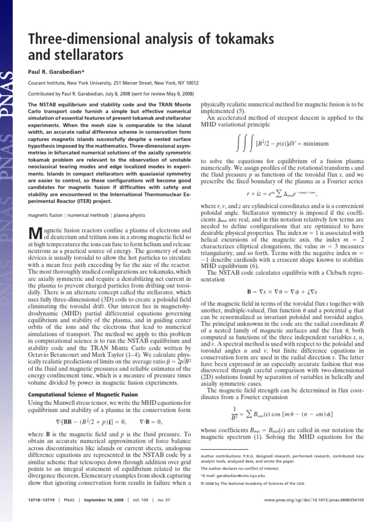 Three-Dimensional Analysis of Tokamaks and Stellarators: Paul R ...