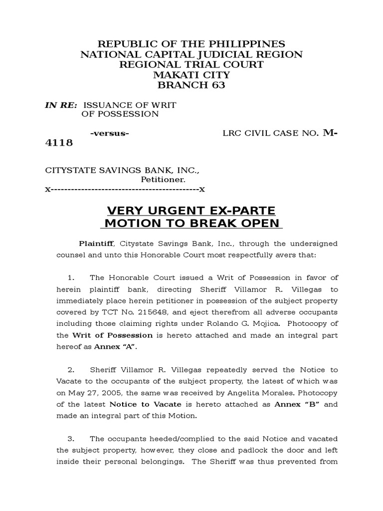 Urgent Motion for Break Open Order | PDF | Writ | Legal Procedure