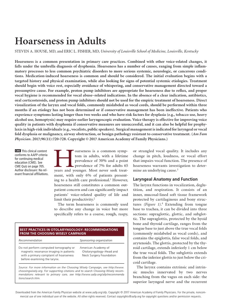 Hoarseness in Adults | PDF | Larynx | Gastroesophageal Reflux Disease
