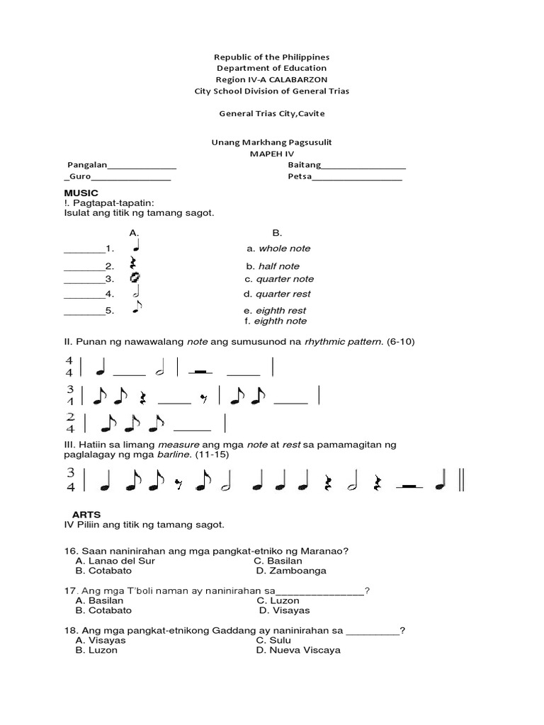 Mapeh 4 1st Quarter Exam | PDF