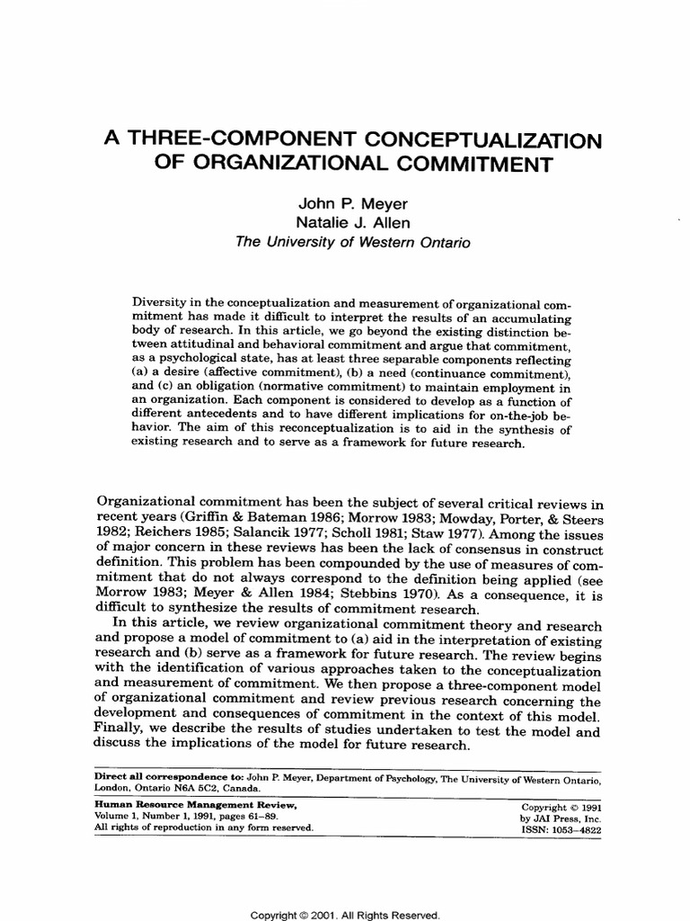 Meyer y Allen Original - Compromiso Organizacional PDF | PDF