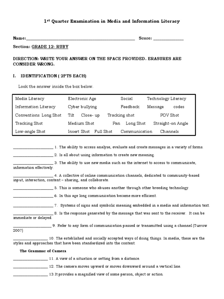 1st Quarter Exam: Media Literacy | PDF | Mass Media | Communication