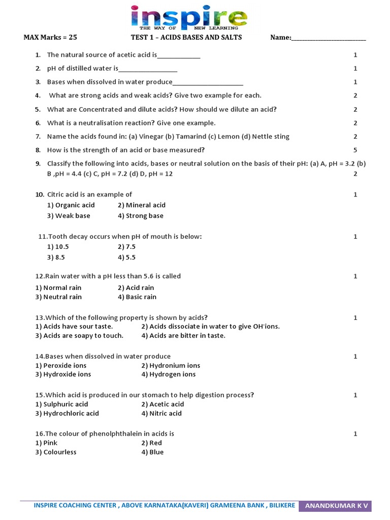 Acids, Bases, Salts Test: 25 Marks | PDF | Acid | Ph