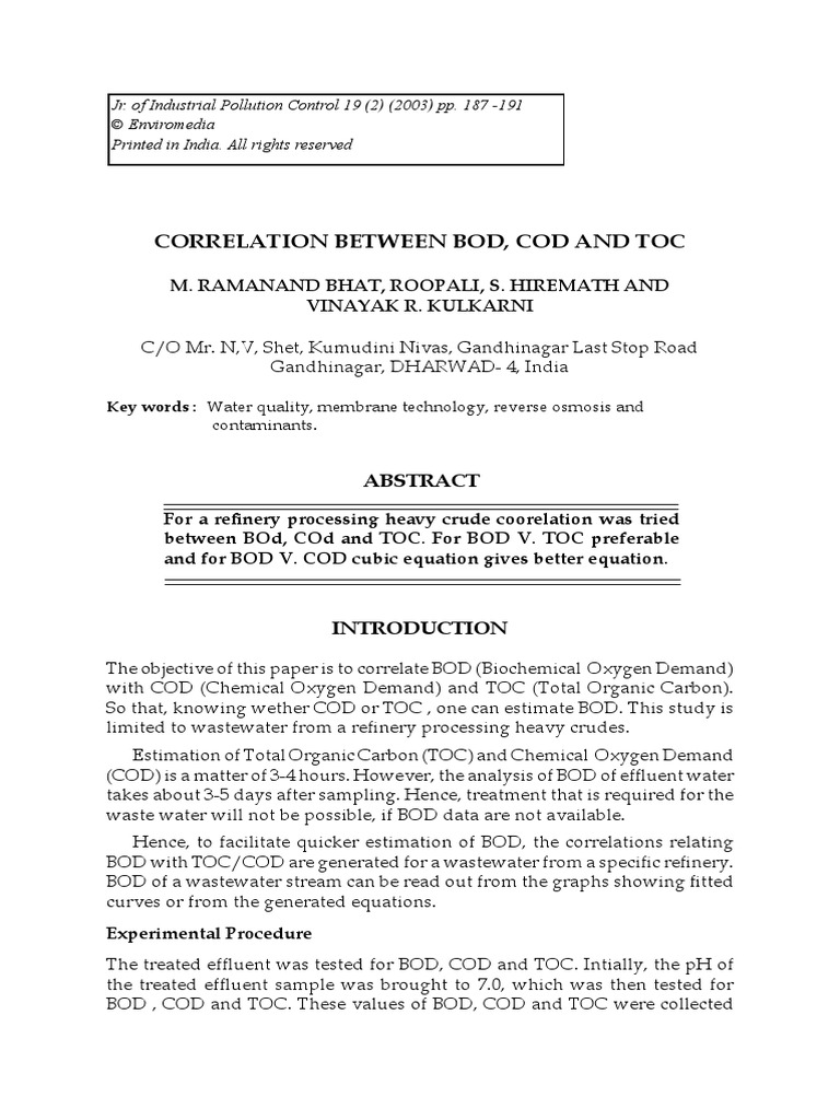 Correlation Between Bod Cod and Toc | PDF | Wastewater | Errors And ...