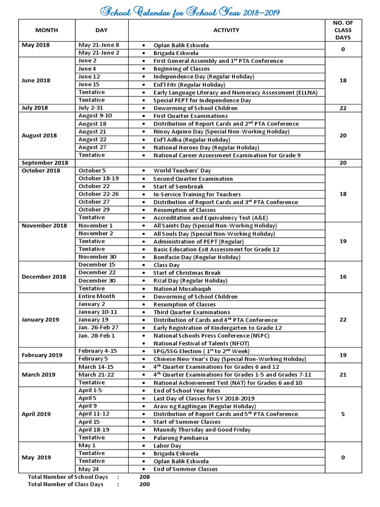 2018-2019 School Year Schedule | PDF | Holidays | Observances