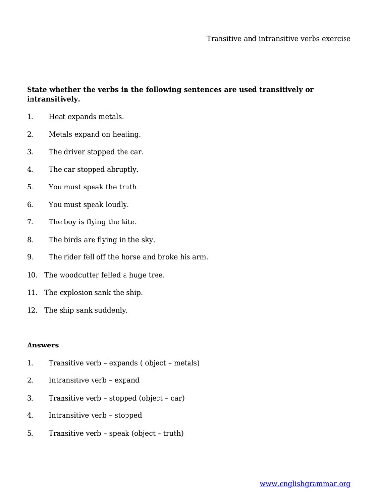 Transitive and Intransitive Verbs Exercise | PDF | Language Arts ...