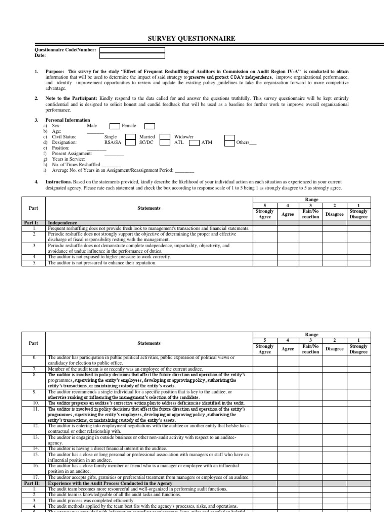 SURVEY QUESTIONNAIRE - Auditor Reshuffling Revised | PDF | Financial ...
