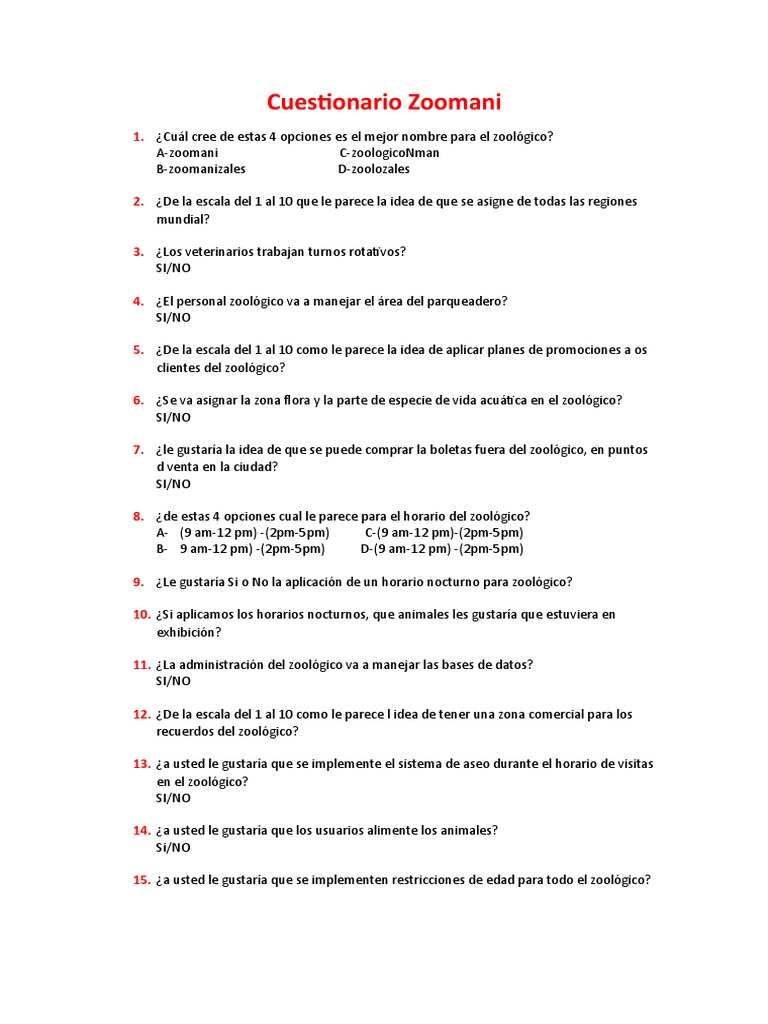 Cuestionario para el Zoológico Zoomani | PDF | Estudios de idiomas ...