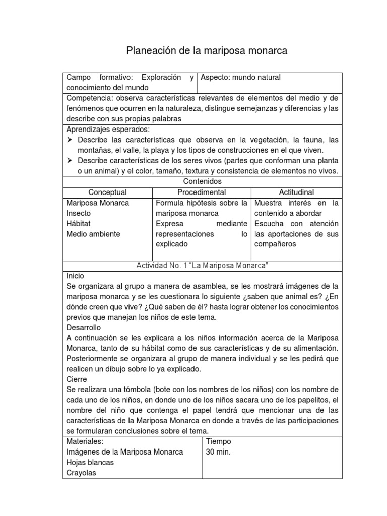 Planeación de La Mariposa Monarca | PDF | Lepidópteros | Educación de ...